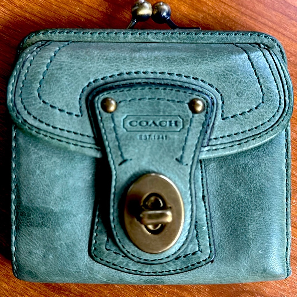 Coach Gigi Teal Leather Trifold Wallet - Gem
